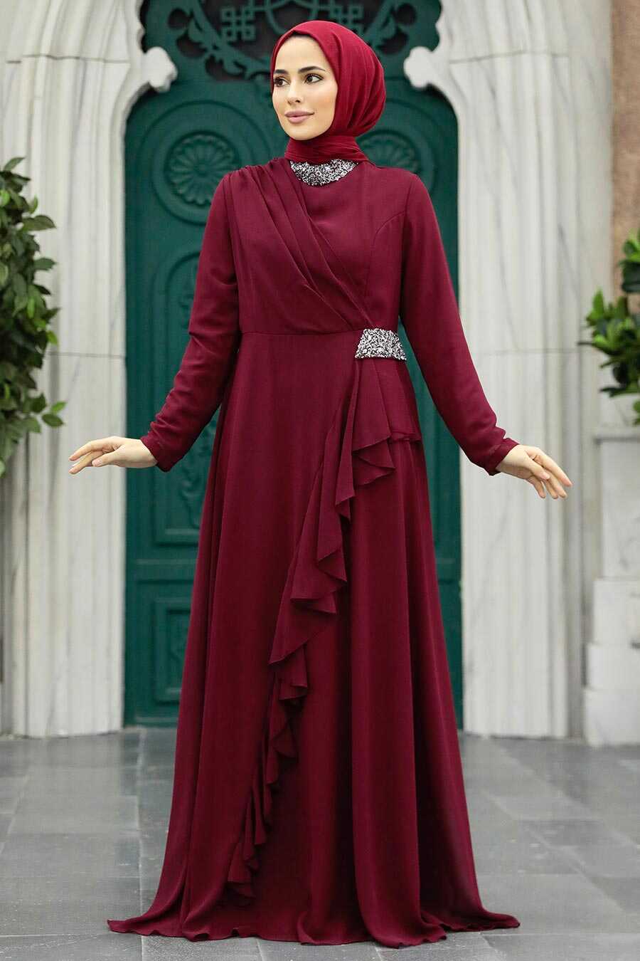Stylish Claret Red Islamic Evening Dress 25850BR - Neva-style.com