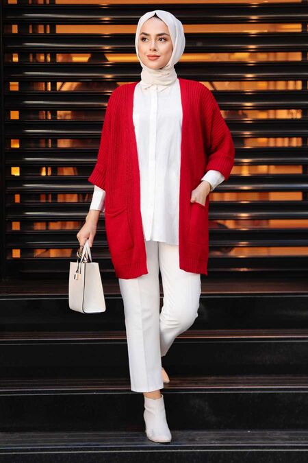 Red Hijab Knitwear Cardigan 7904K - Neva-style.com