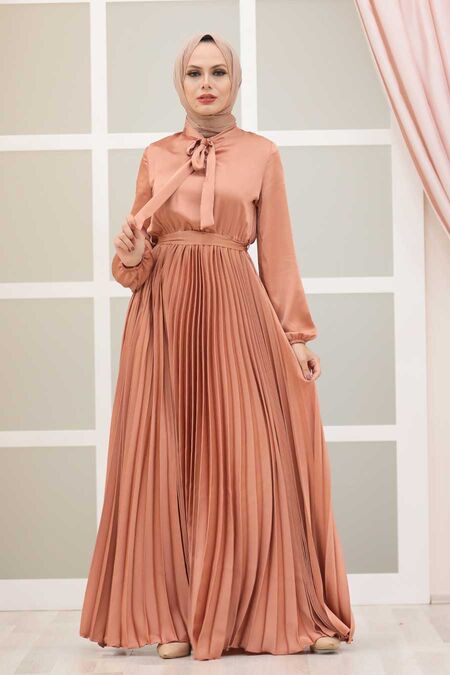 Satin Salmon Pink Islamic Clothing Engagement Dress 3031SMN - Neva ...